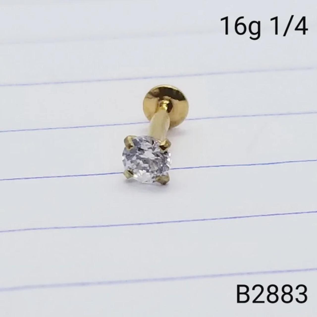 16g Gold Stainless 3mm CZ Threadless 1/4 Labret Ring... | Depop