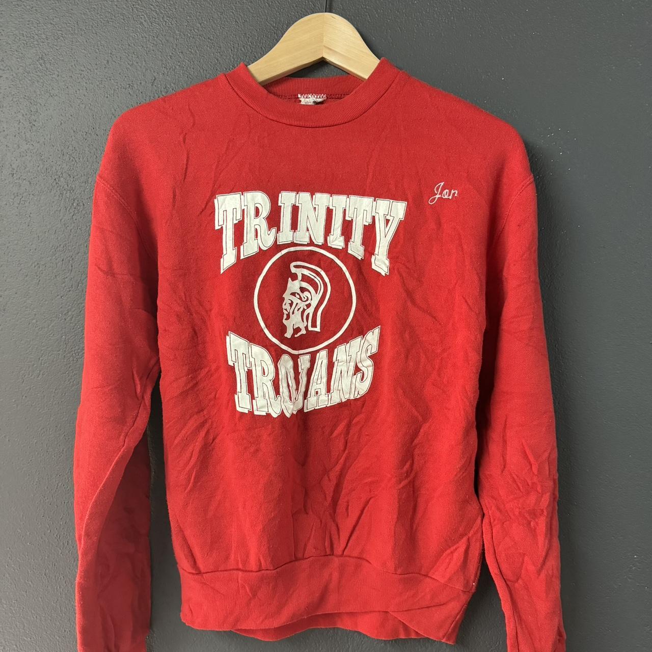 Trinity Trojans red and white crewneck sweatshirt... - Depop