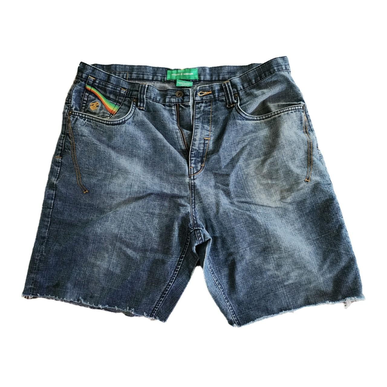 blue denim cut off jorts with rainbow detail on... - Depop