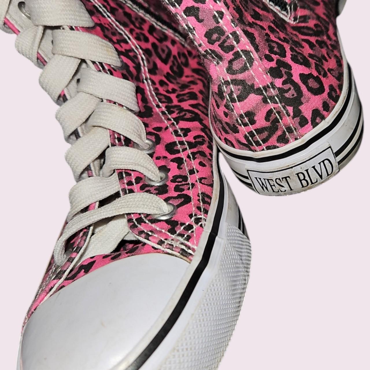 Vintage y2k Pink leopard print high top converse... | Depop