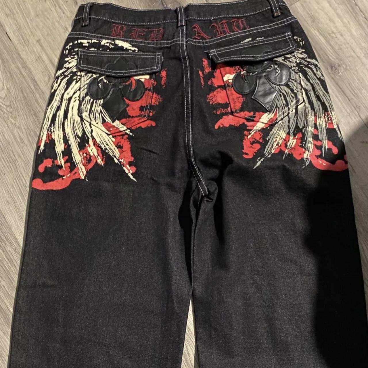Insane super baggy winged embroidered red ape jeans... - Depop