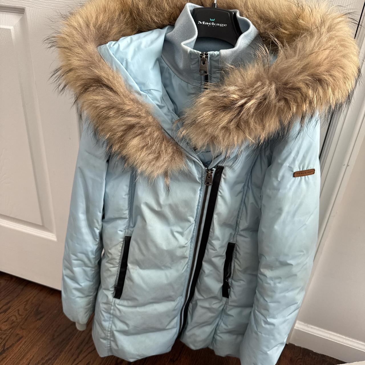 Mackage kids coat size 14 Baby blue parka with faux... | Depop