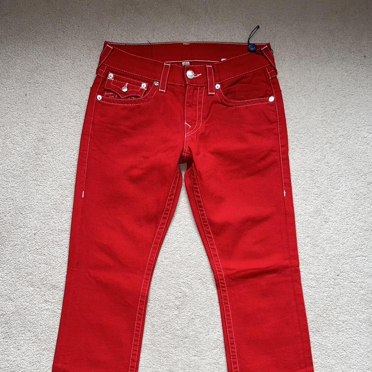 TRUE RELIGION - RED & WHITE STITCH FLAP JEANS... - Depop