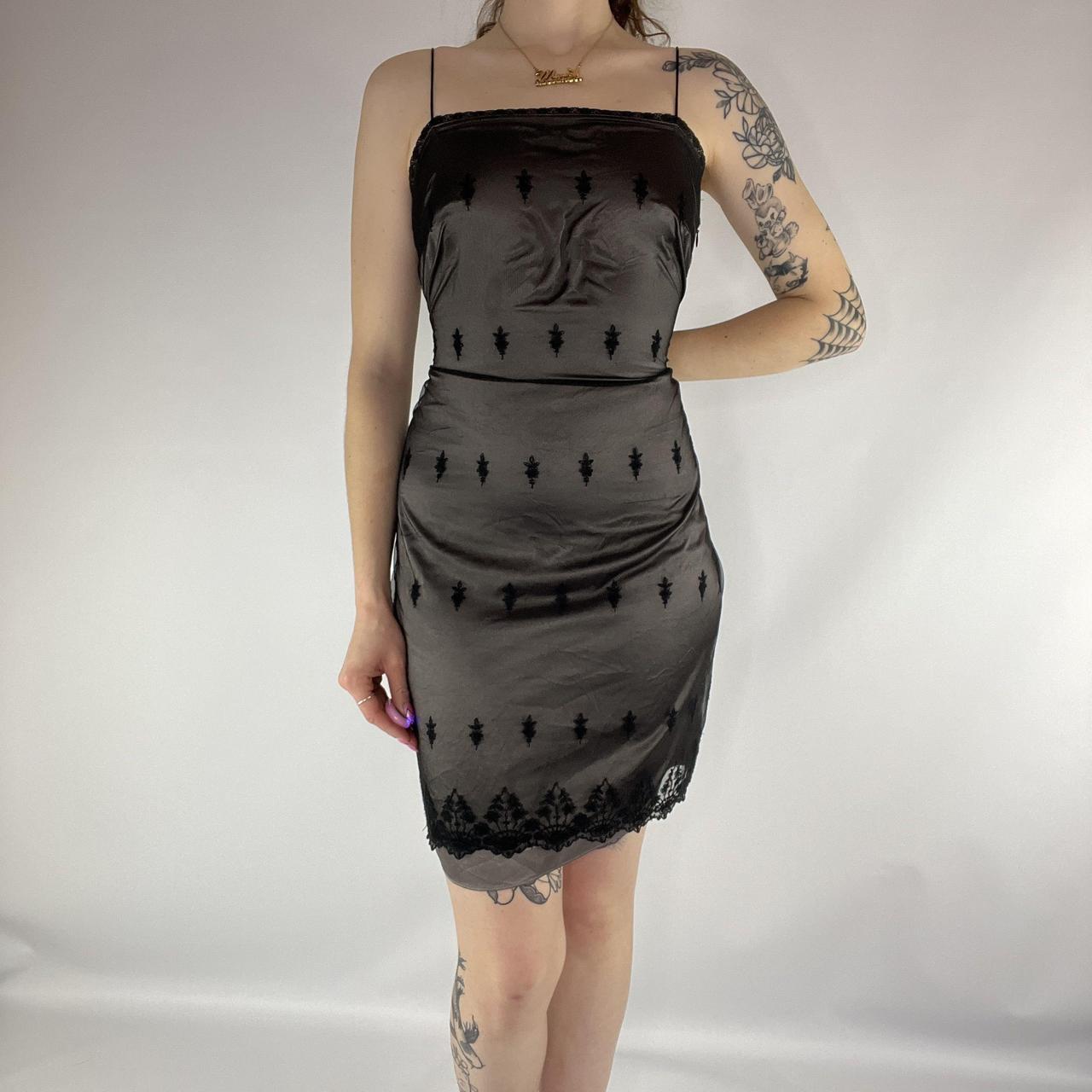 Y2K gothic dress midi mesh overlay square neck... - Depop