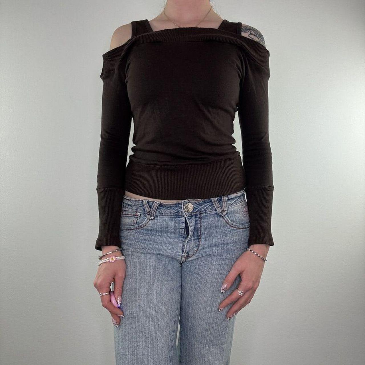 Y2K off the shoulder long sleeve top bardot M/L,... - Depop