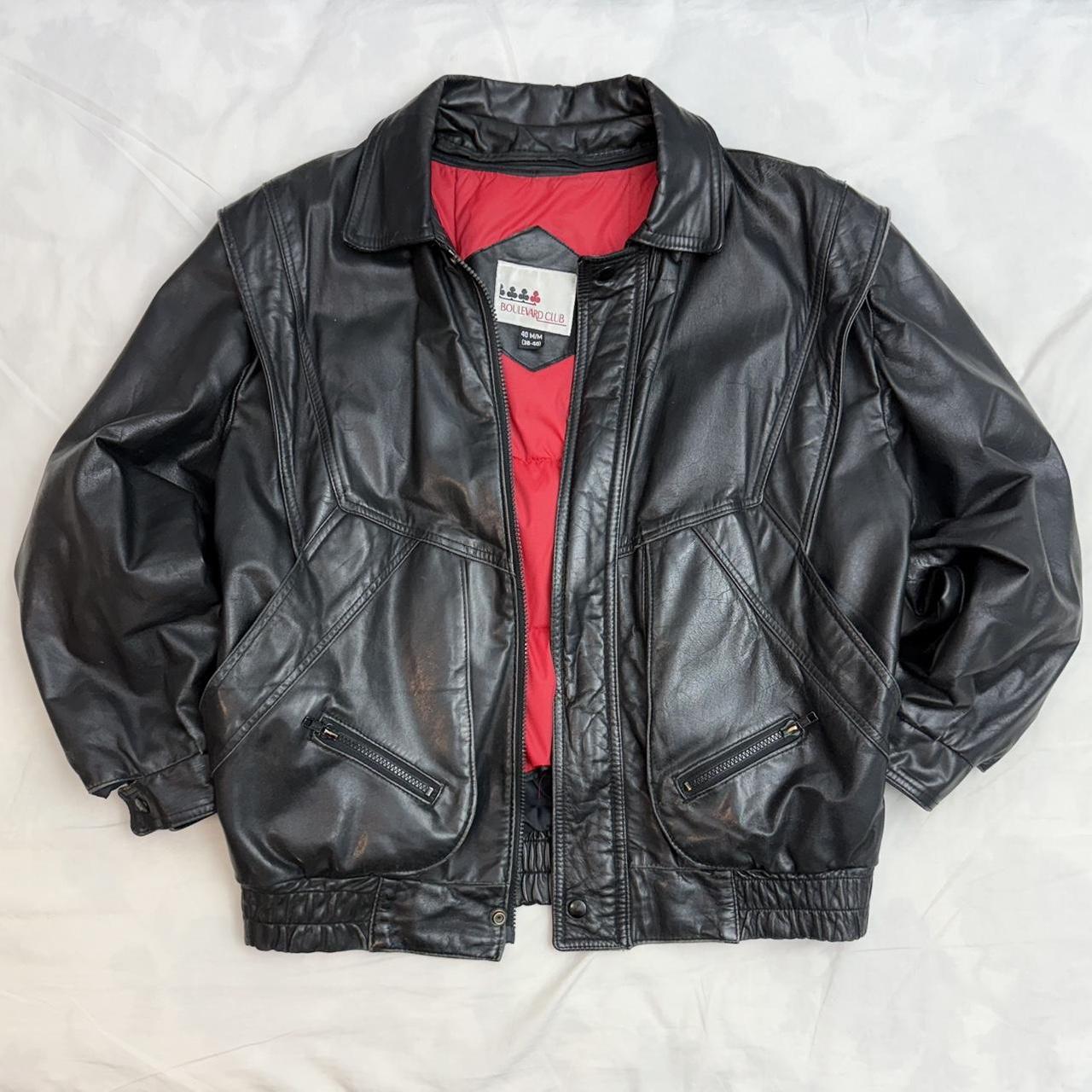 90s Boxy Leather Bomber Measures 23x27” Down filled... | Depop
