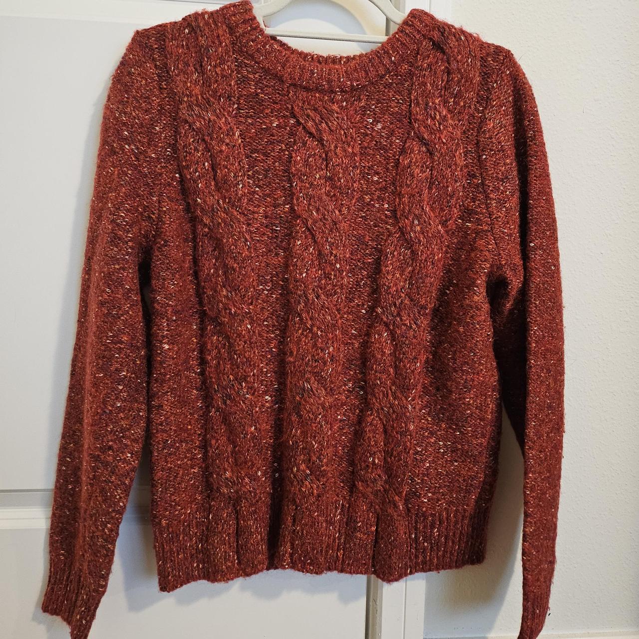 Women's red chunky cable knit sweater. Size small.... - Depop