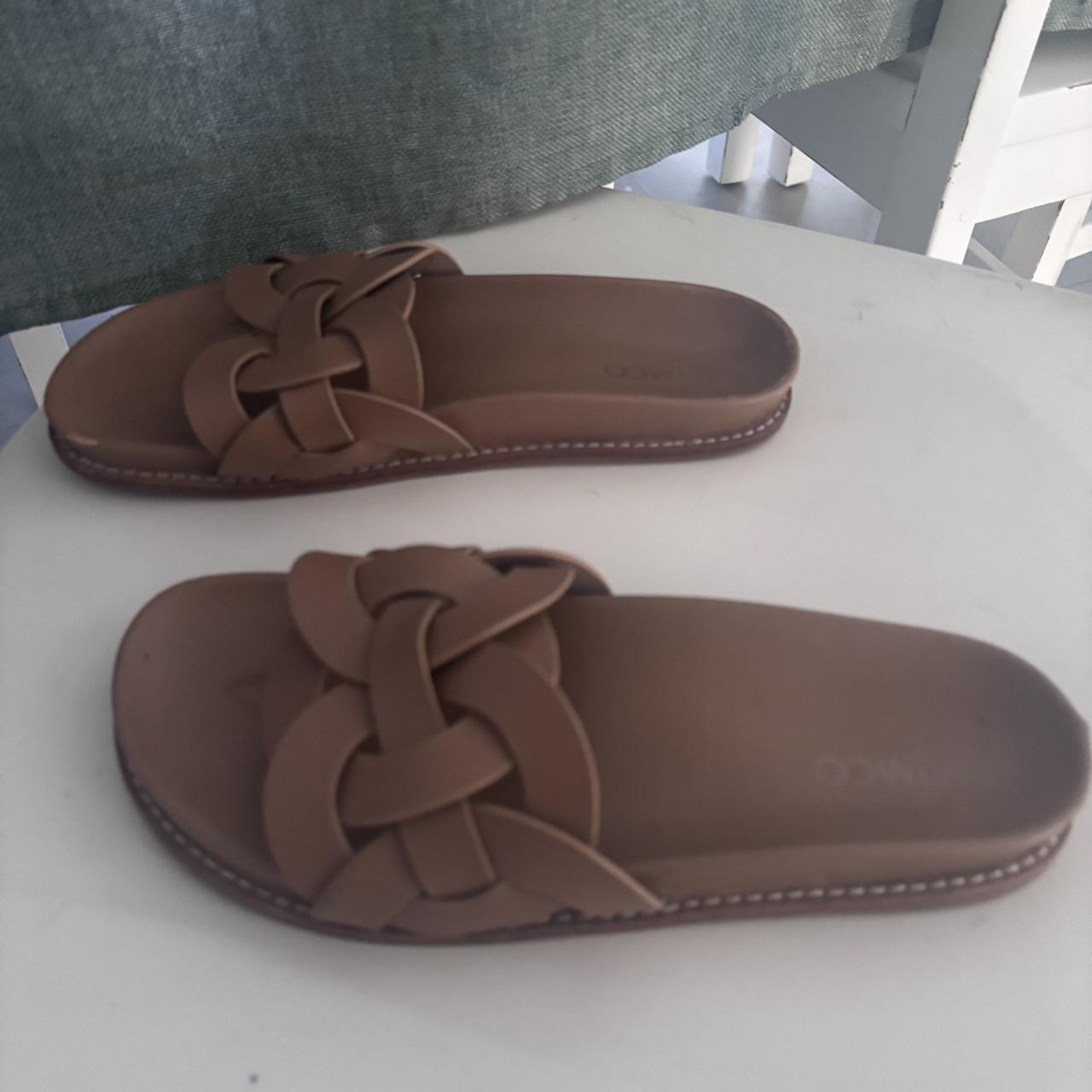 Mimco pre loved Brown leather sandals / slides with... | Depop