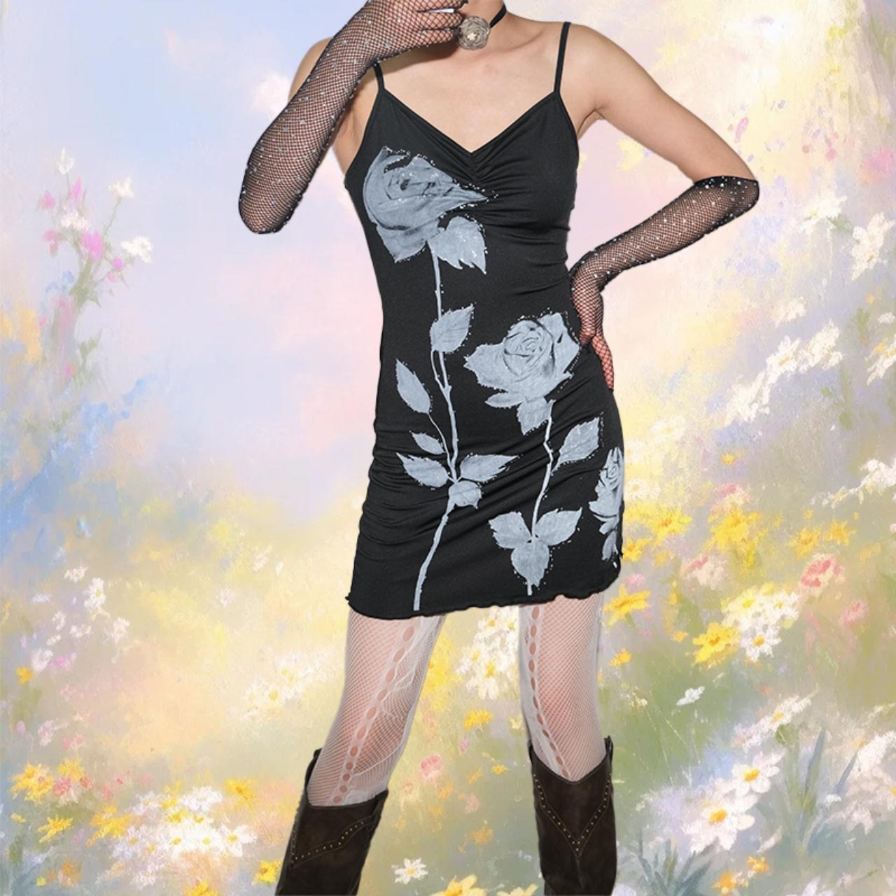 💜🌼Cute Women Black Rose Flower Sling Mini Dress... - Depop