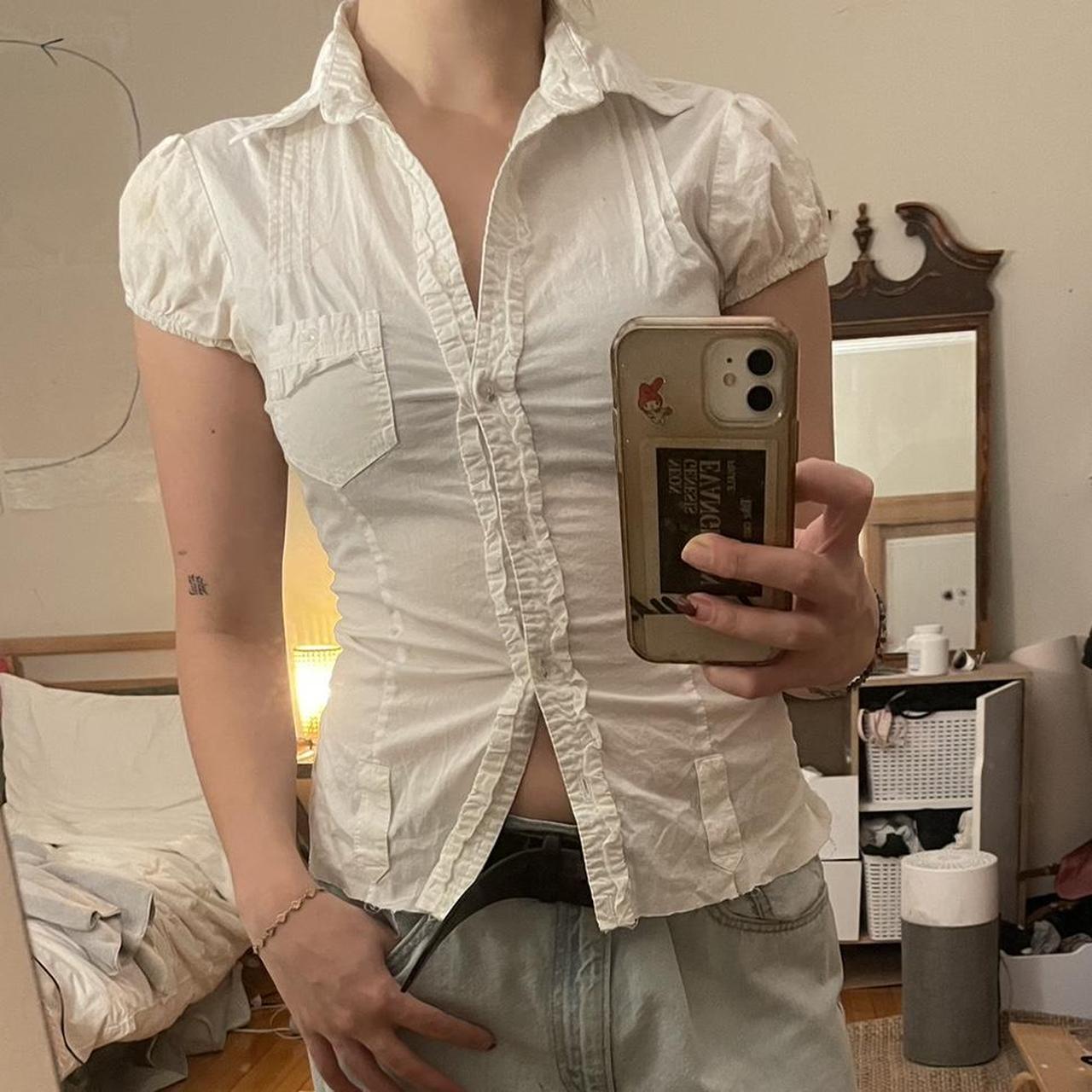 Simple white button up blouse. Raw hem. Very... - Depop