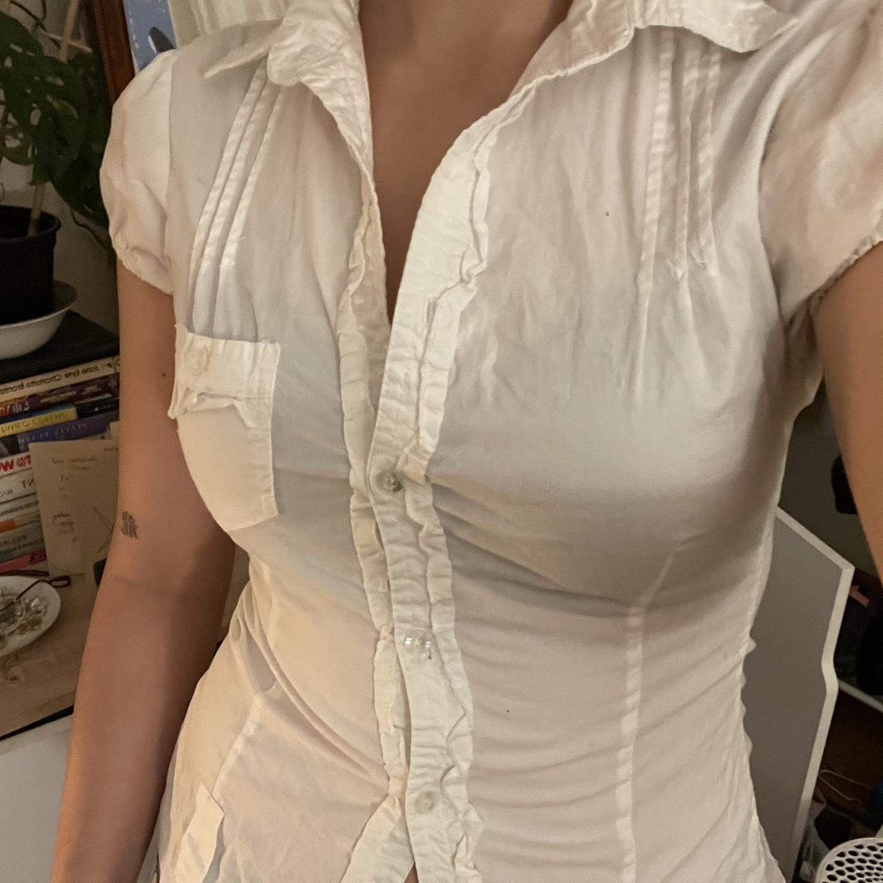 Simple white button up blouse. Raw hem. Very... - Depop