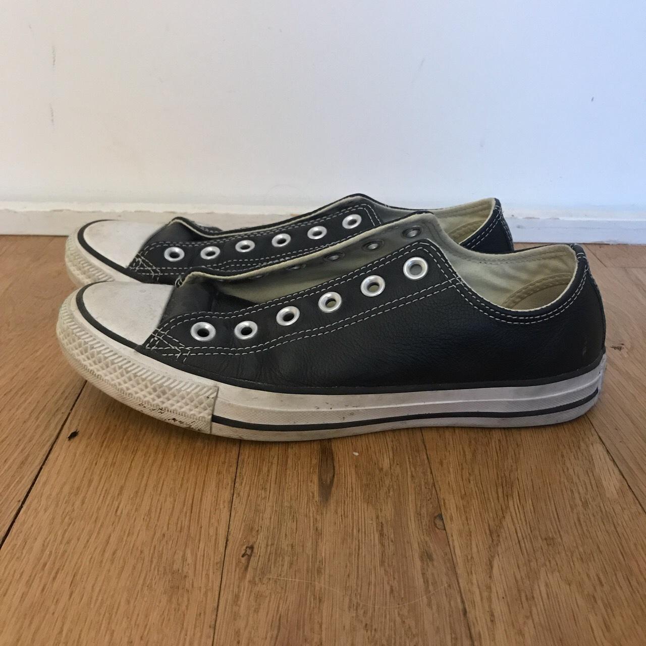 COVERSE ALLSTAR black leather classic lowtop shoe... - Depop