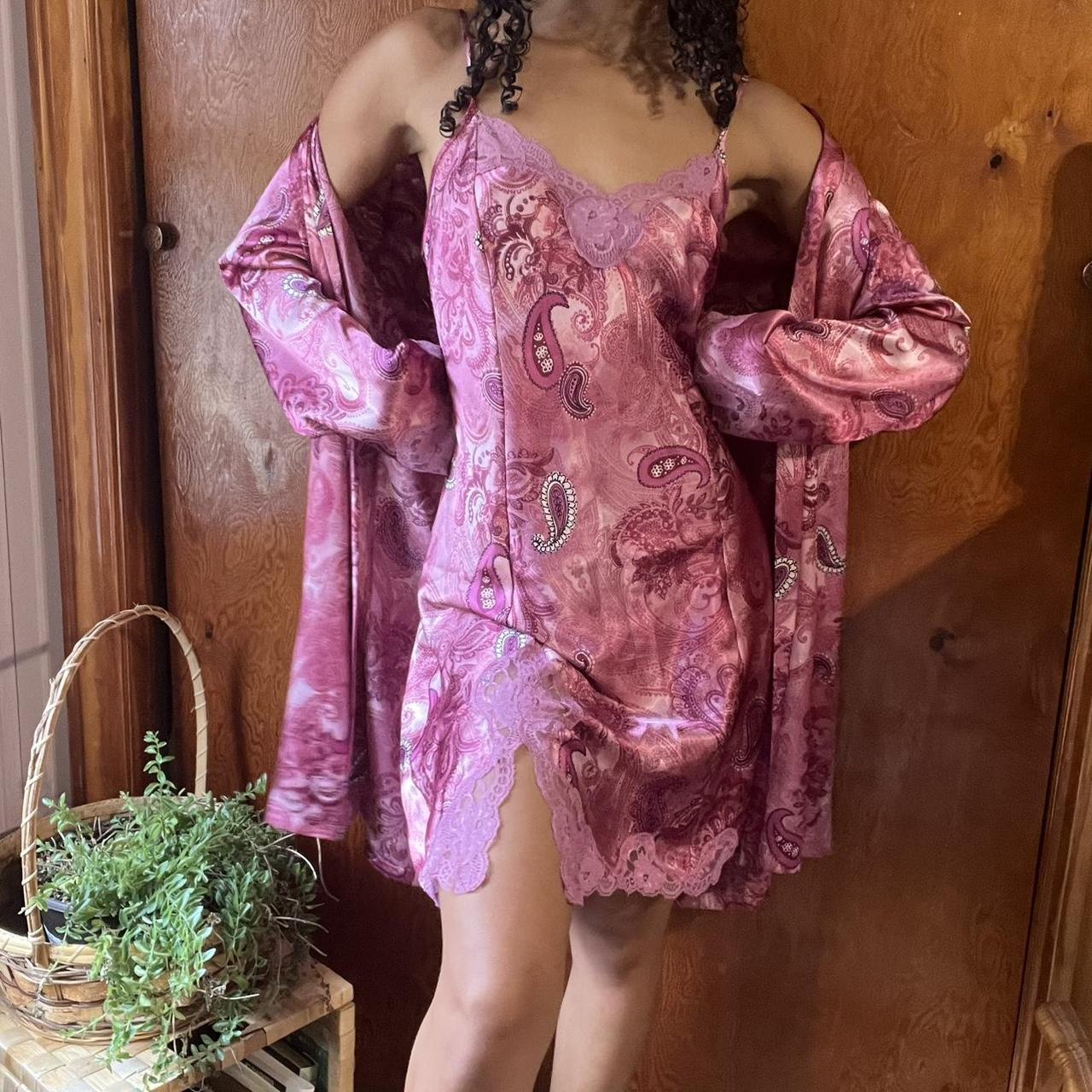 Pink paisley nightdress/robe set Sexy silk night... - Depop