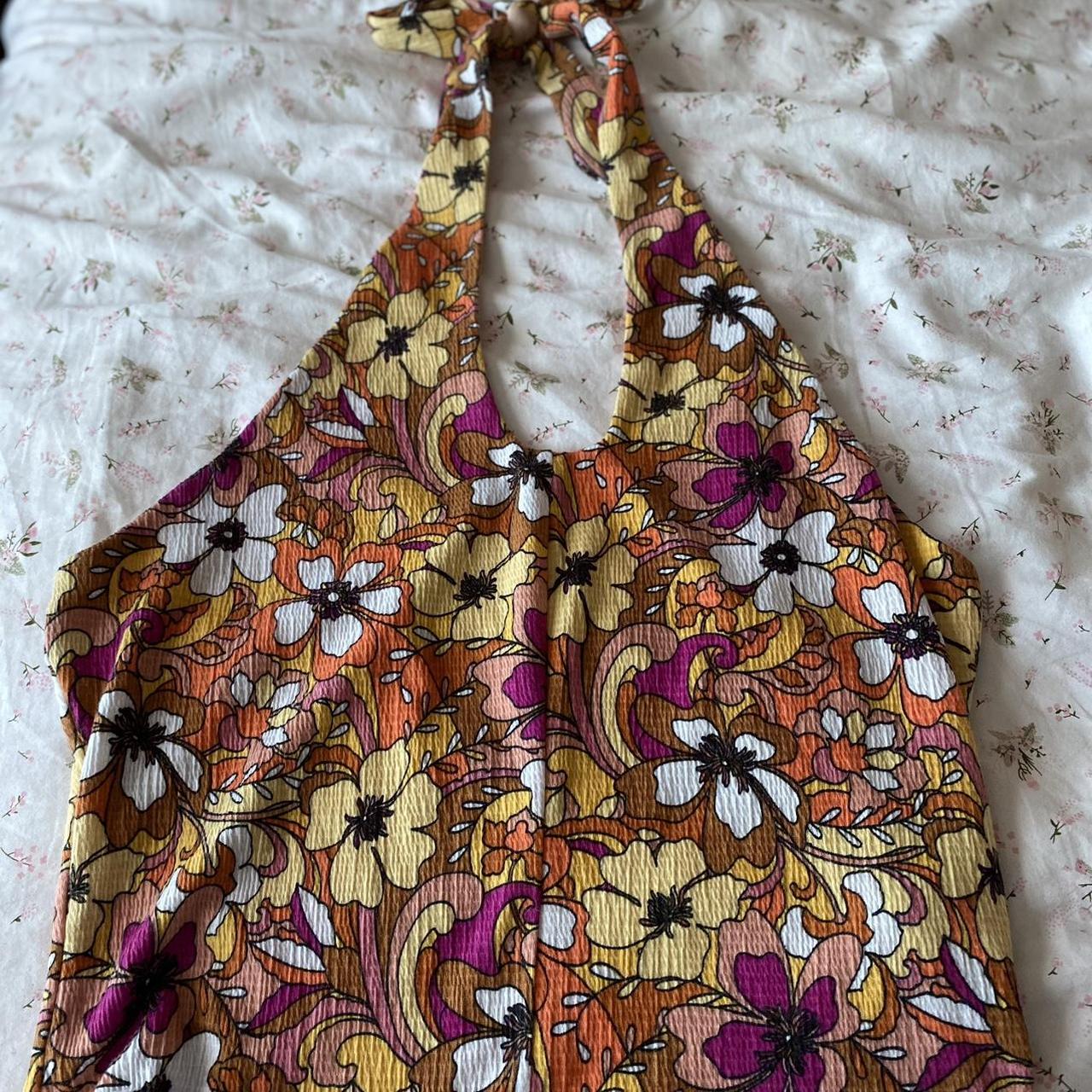 70s style orange and pink halter top #summer #floral... - Depop
