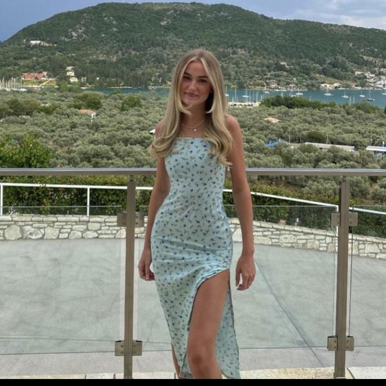 Motel Women's Green and Blue Dress | Depop