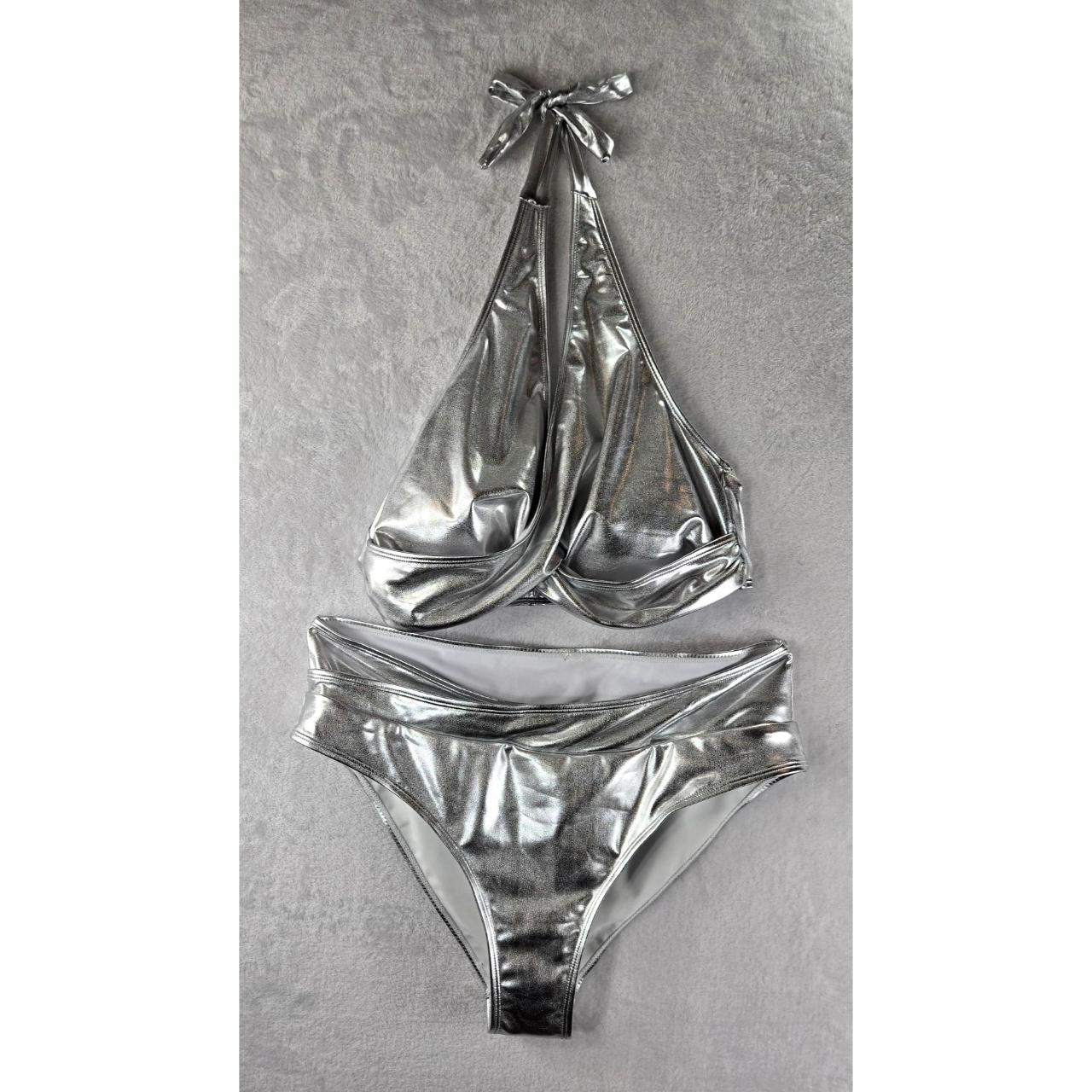 Silver Metallic Bathing Suit Bikini Sz XL Two Piece... | Depop