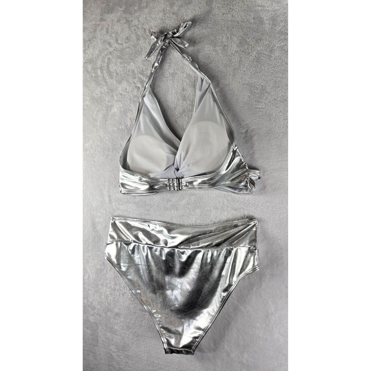 Silver Metallic Bathing Suit Bikini Sz XL Two Piece... | Depop