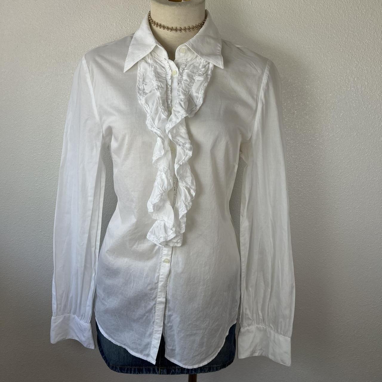 White ruffle button up top Size: 12 Best fit: M/L... | Depop
