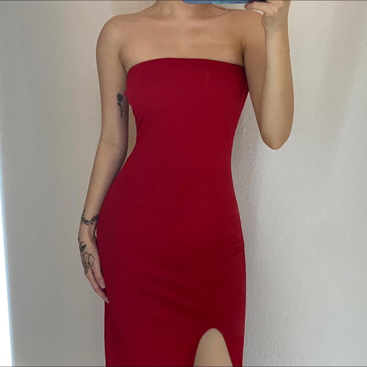 red tube top maxi dress with slit size xs - Depop