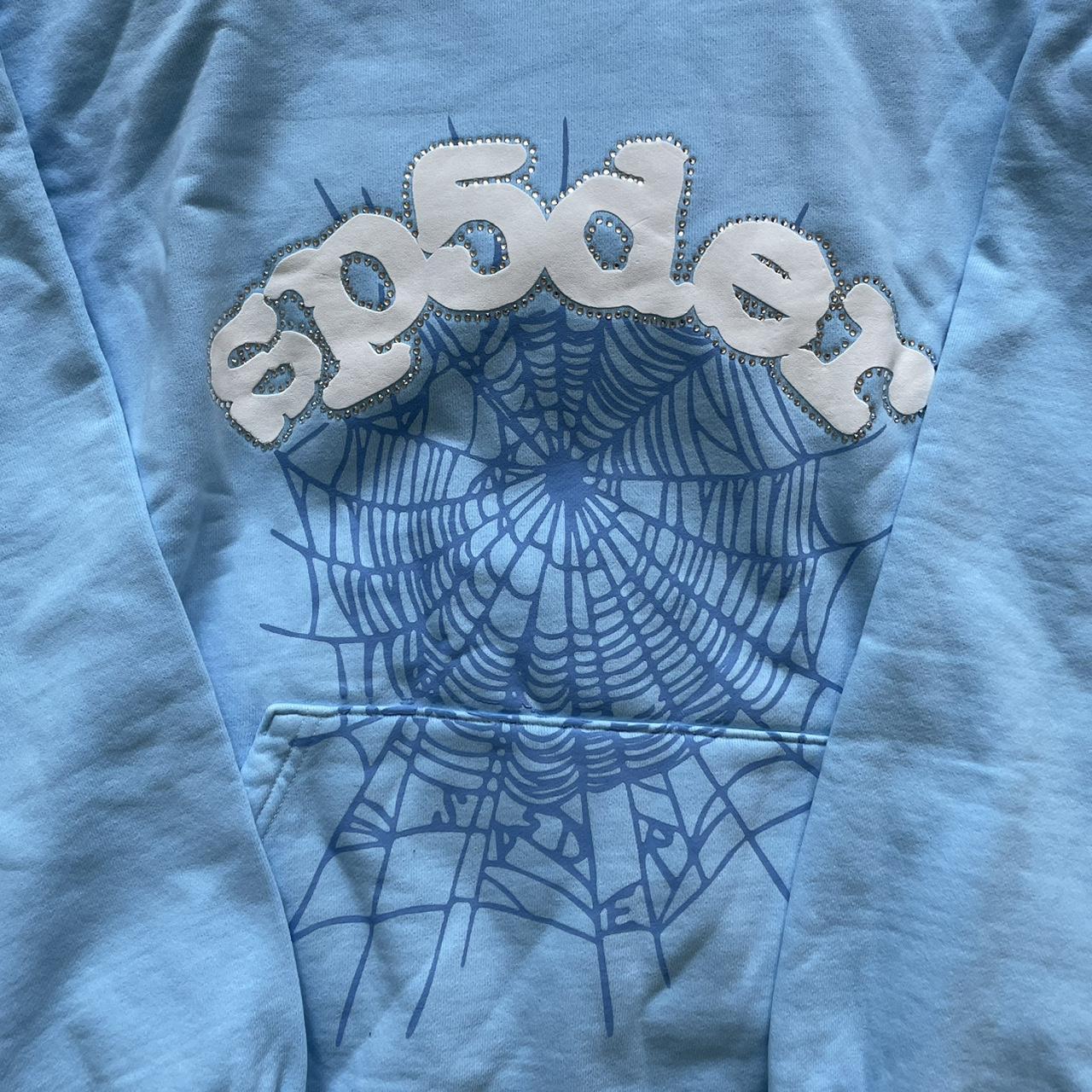 Sp5der Worldwide Sky Blue Rihnestone Hoodie New... - Depop