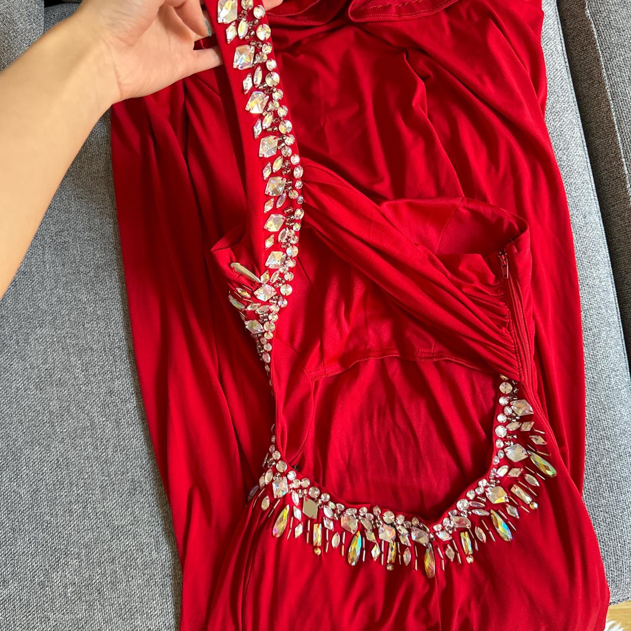 Red maxi prom dress. Open back with studded diamonds - Depop