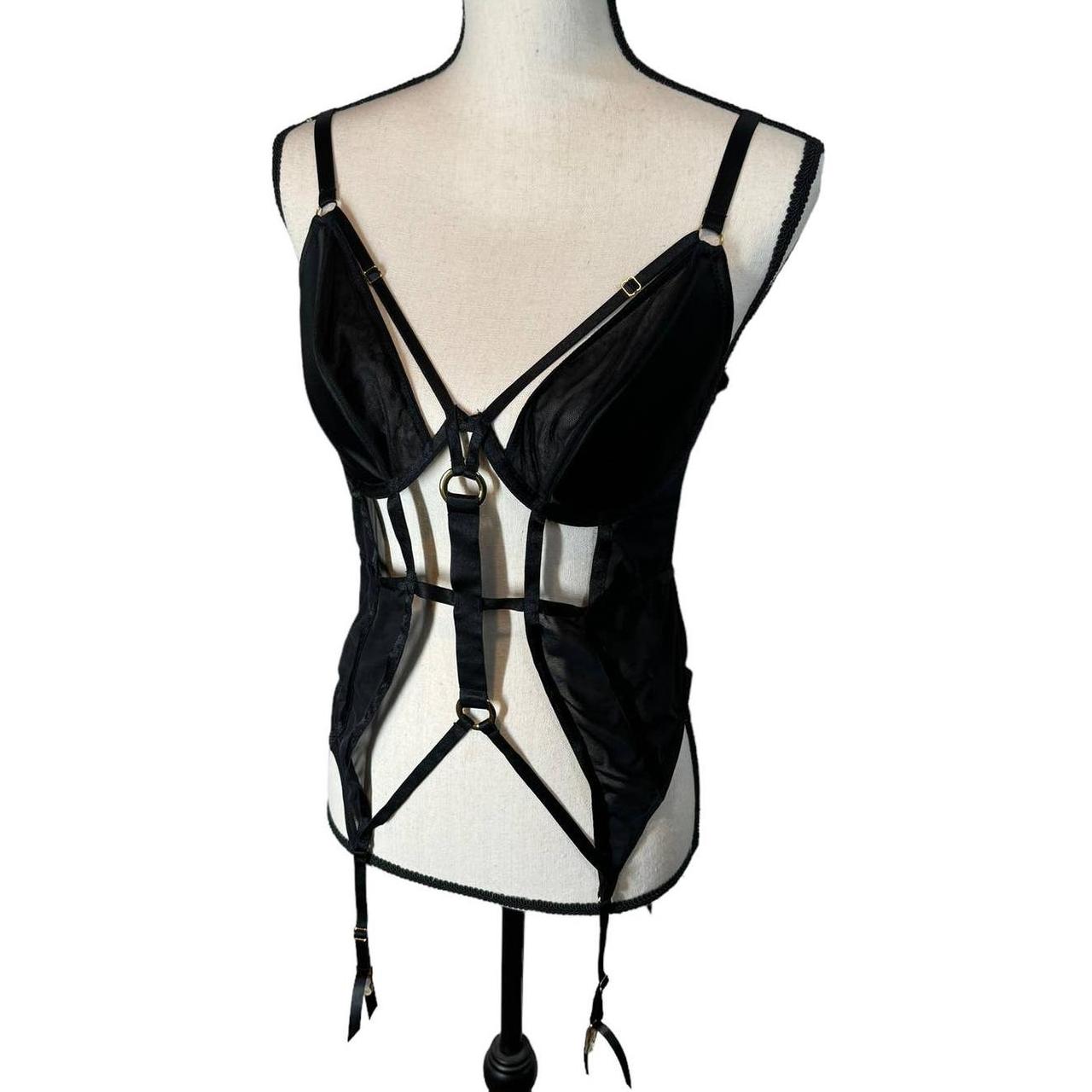Hustler Black Mesh and Satin Gold Ring Basque Corset... - Depop