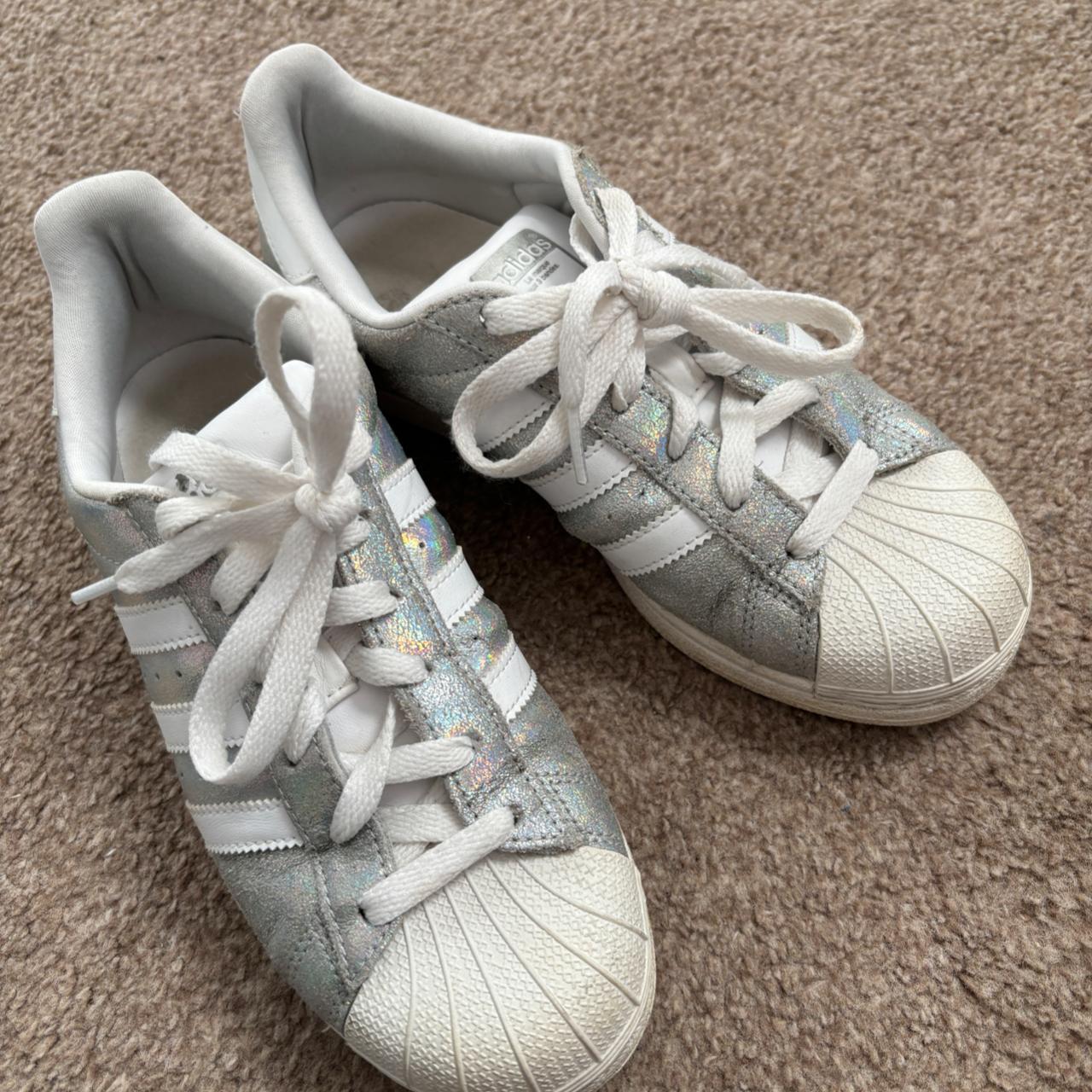 Adidas Silver Sparkly Superstars size 4, worn a few... - Depop