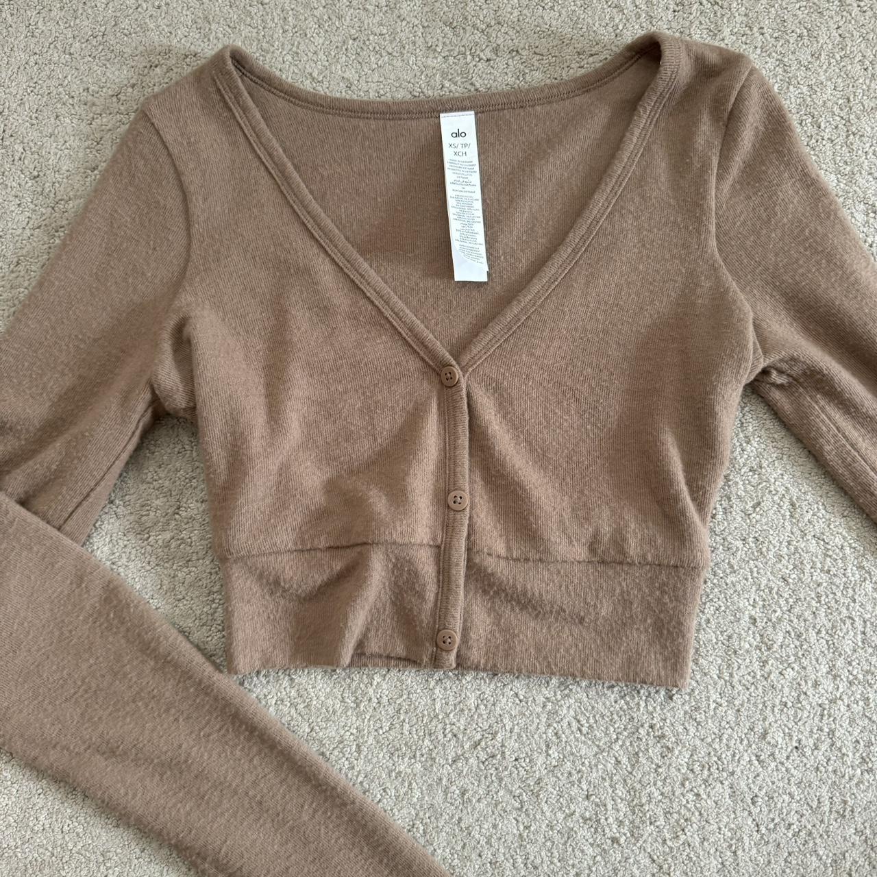 alo yoga brown cardigan never worn size xs | Depop