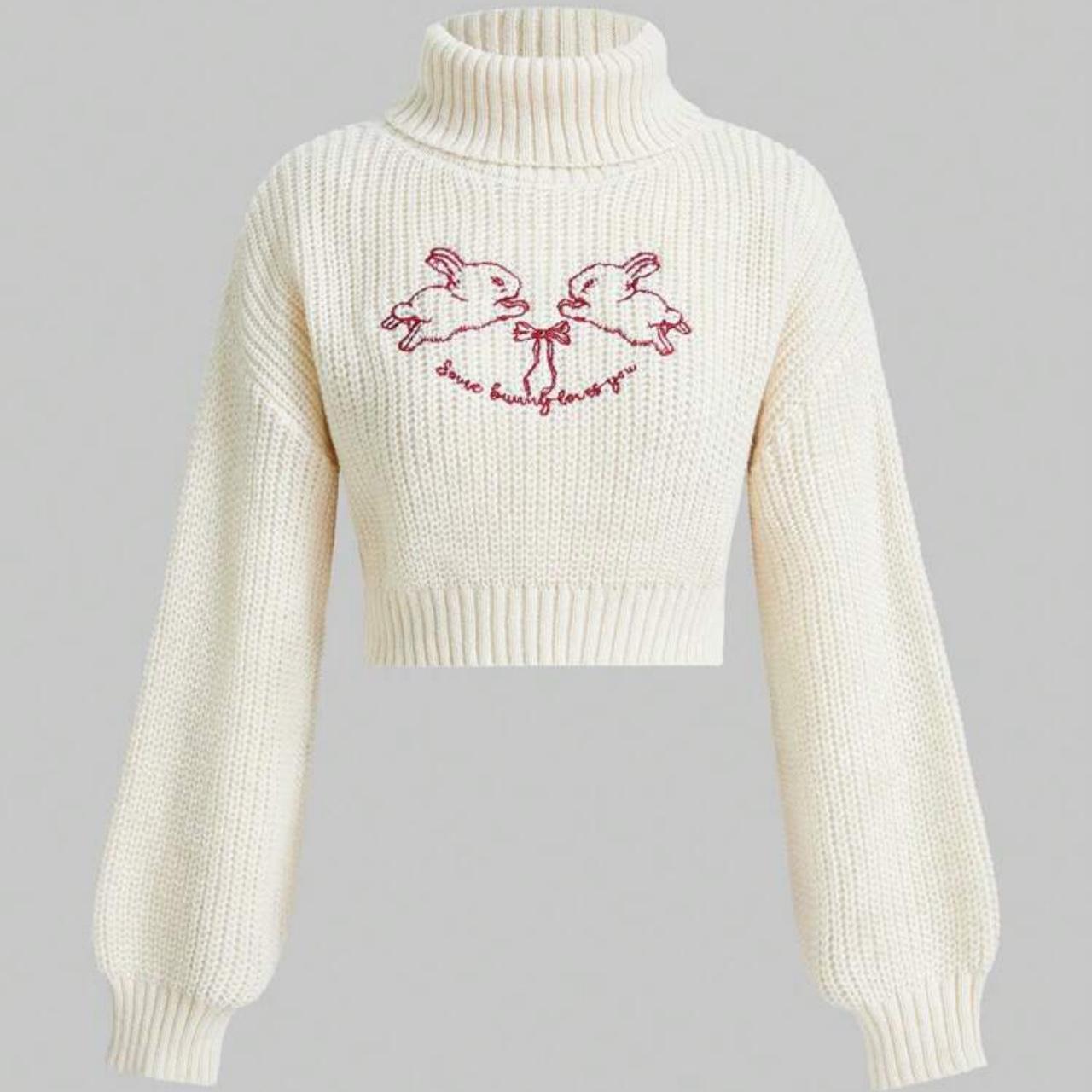 ROMWE Kawaii Rabbit & Letter Embroidery Turtleneck... - Depop