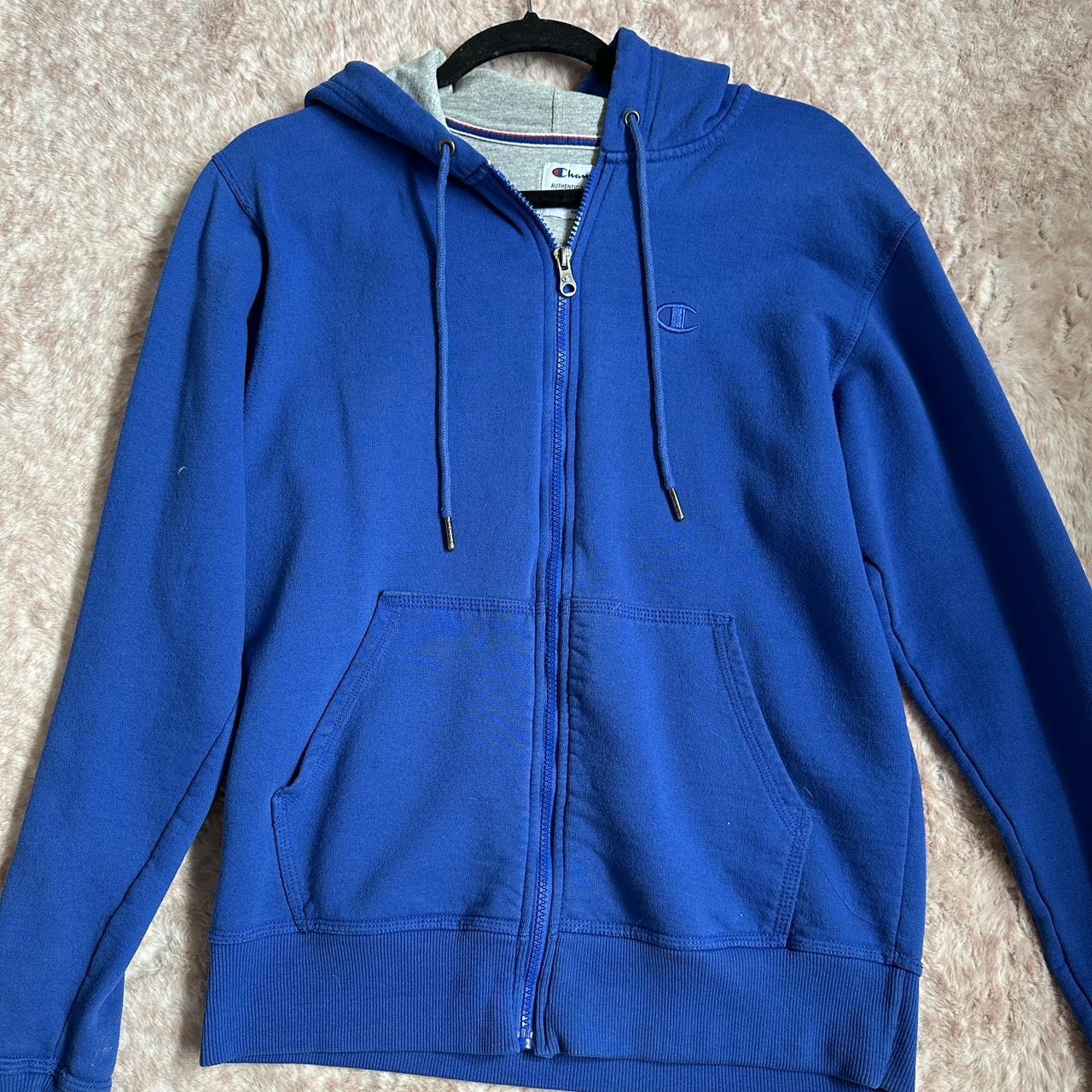 Royal blue zip up champion jacket with gray hood - Depop