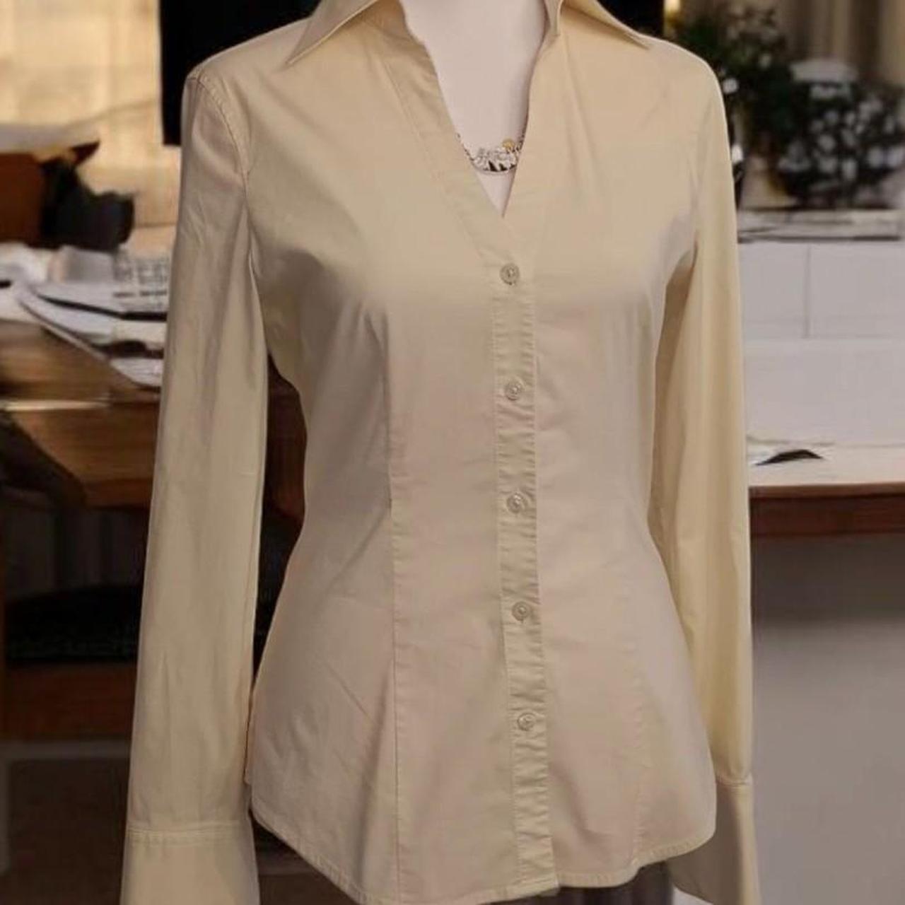Cream button-up blouse with a touch of elegance... | Depop