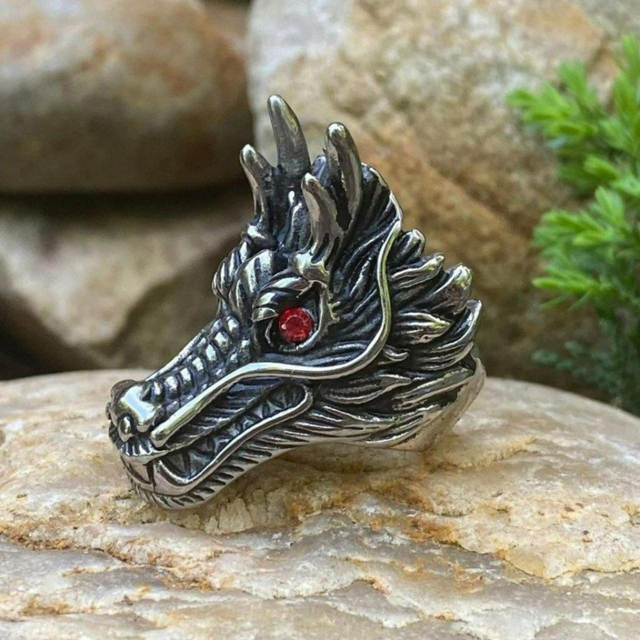 New! 🌸 Huge 4cm Dragon Head Punk Rock Red Eye Ring -... - Depop