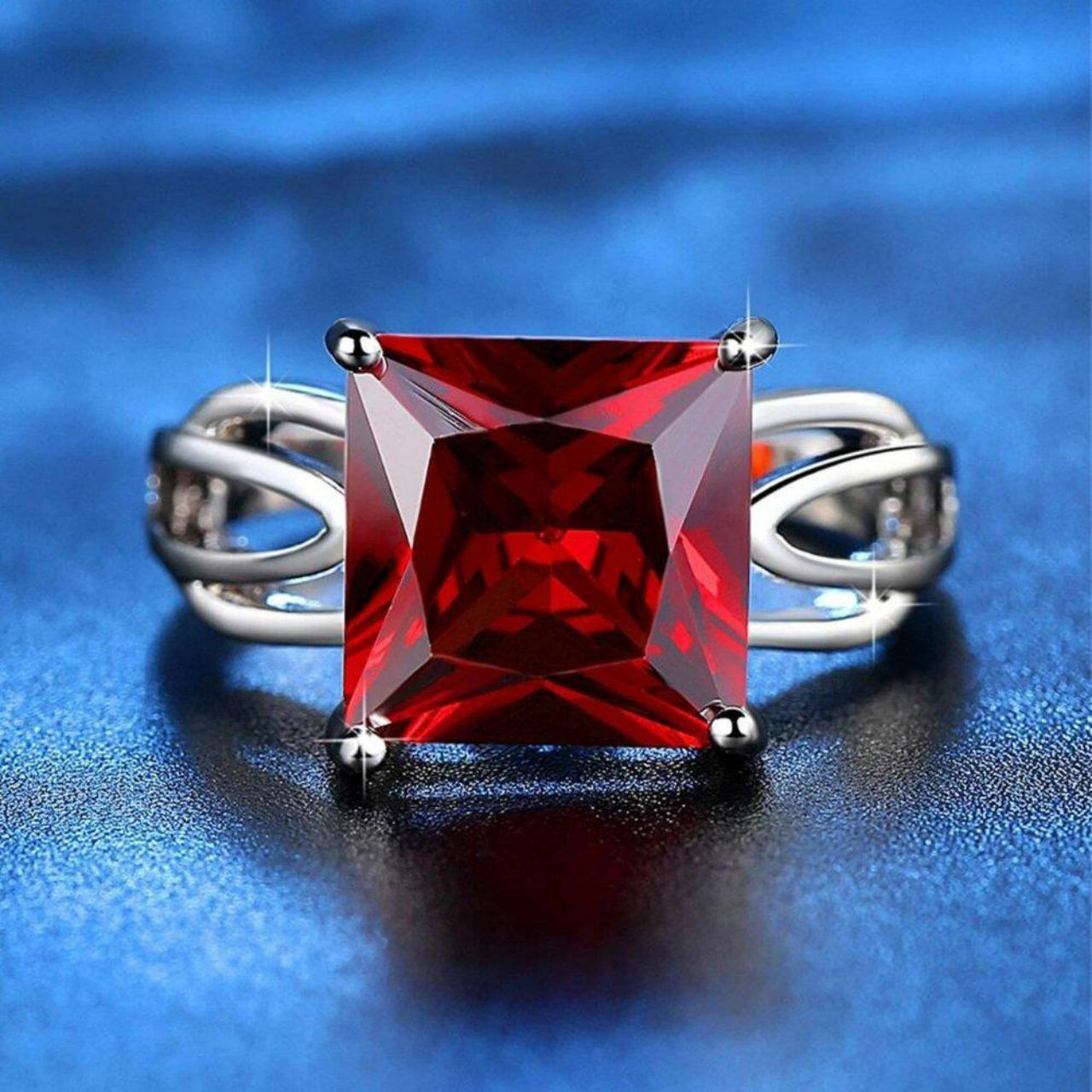 New! 🌸 Big 10mm Square Ruby Red Solitaire Silver... - Depop