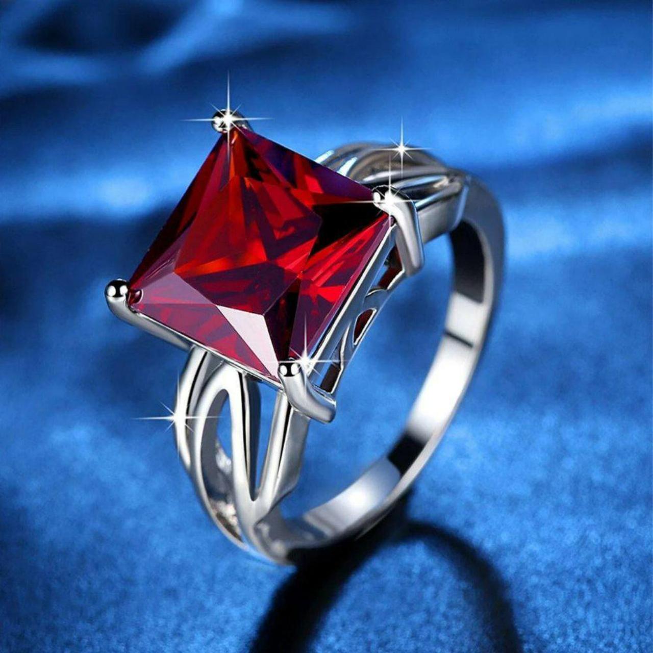 New! 🌸 Big 10mm Square Ruby Red Solitaire Silver... - Depop
