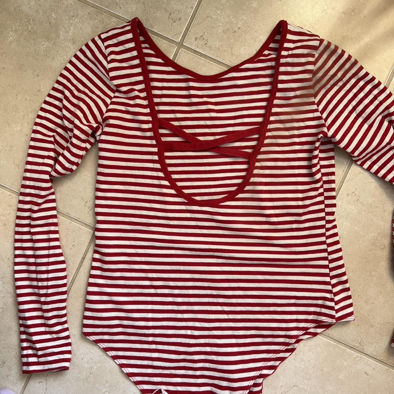 red and white stripe low back / backless boat neck... - Depop