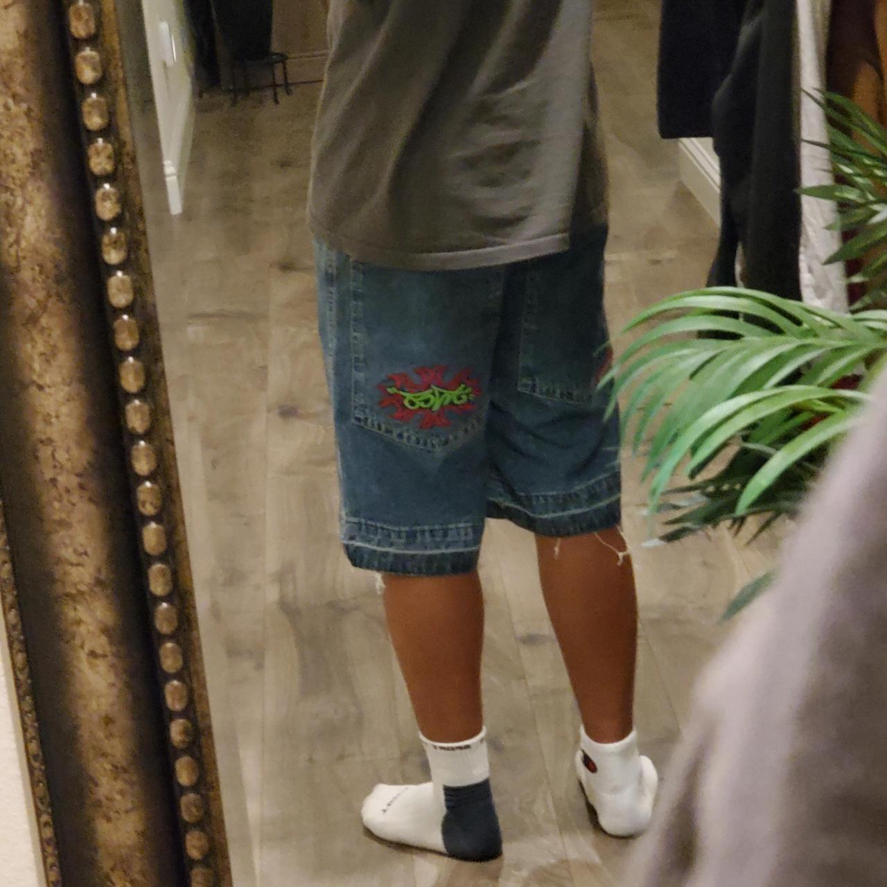 Jnco Jorts Green and Red Tribal Backhit Size 16 Hems... - Depop