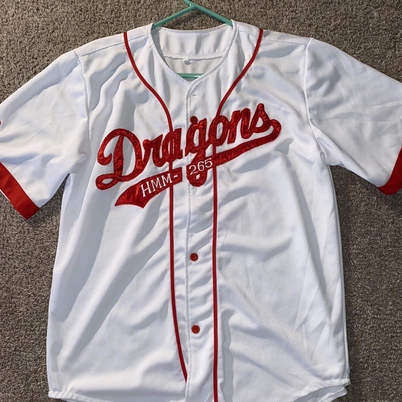 White and red baseball jersey #baseball #dragon - Depop