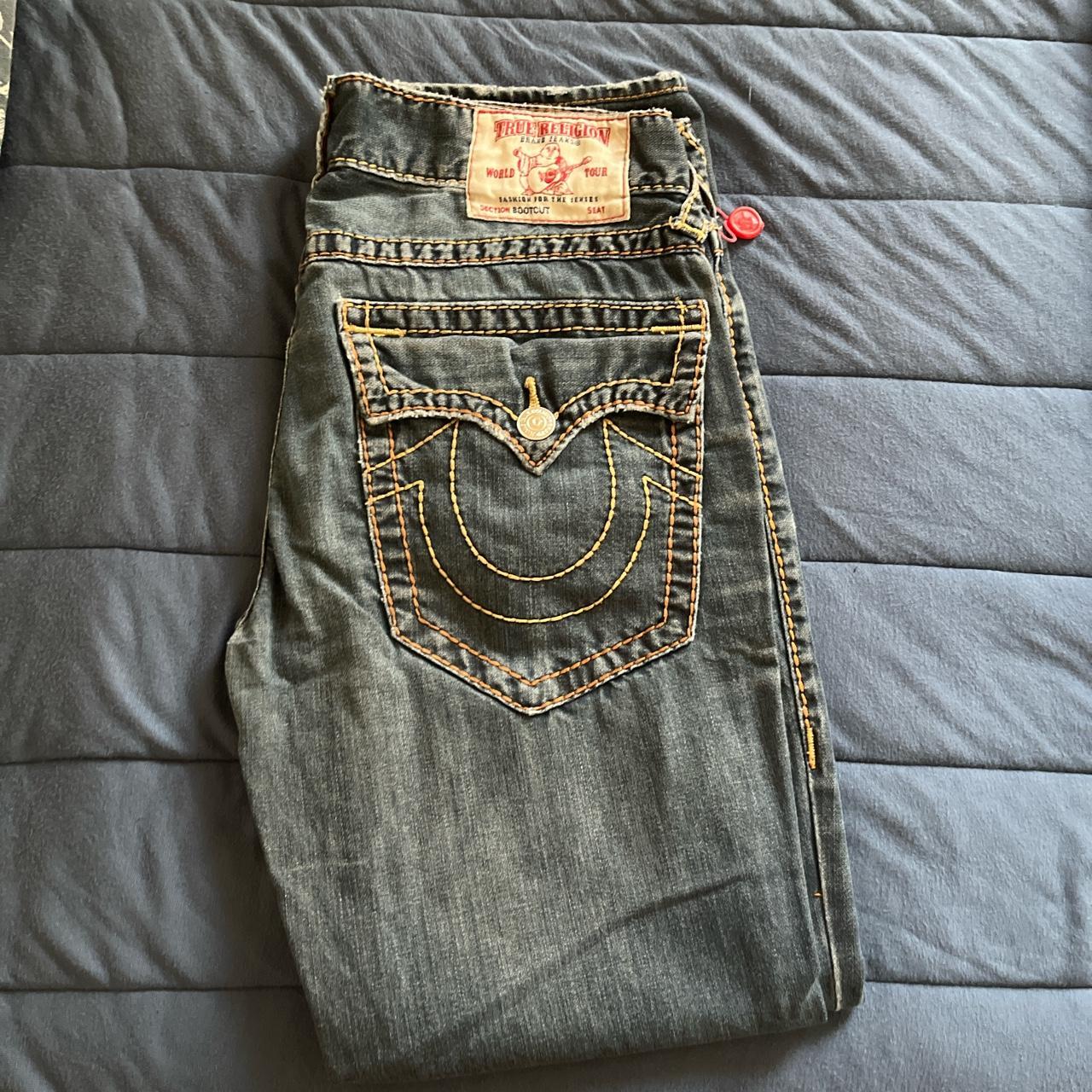 Navy blue True Religion jeans w yellow stitching and... - Depop