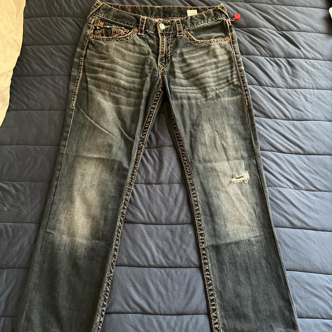 Navy blue True Religion jeans w yellow stitching and... - Depop