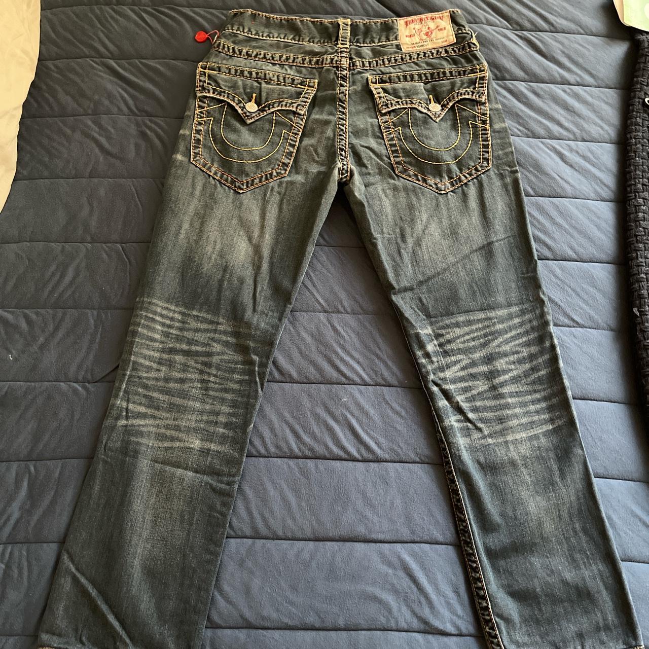 Navy blue True Religion jeans w yellow stitching and... - Depop