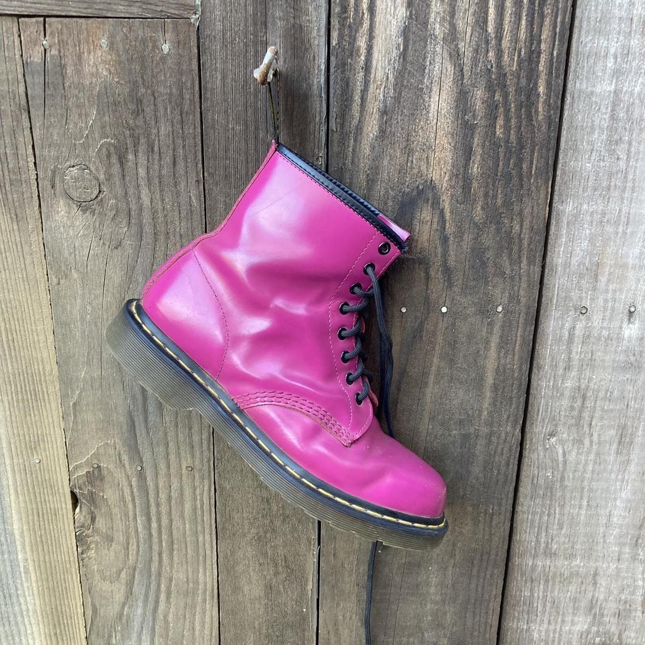 shiny pink doc marten boots that are perfect for any... - Depop