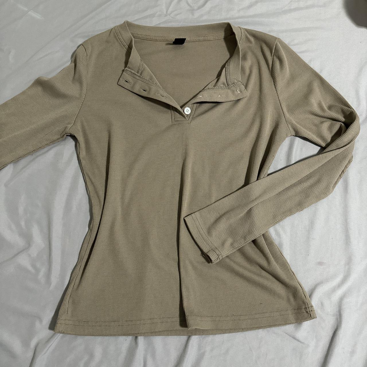 beige long sleeve half button up shirt #Y2K #shirt... - Depop