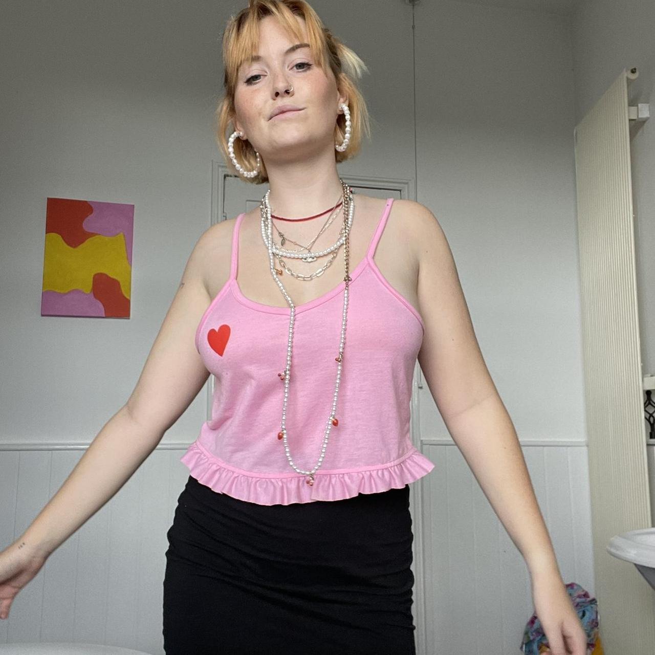 pink frilly vest top with red heart - Depop