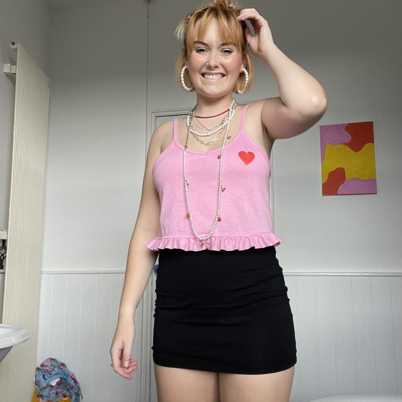 pink frilly vest top with red heart - Depop
