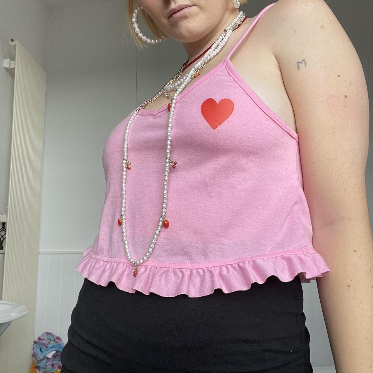 pink frilly vest top with red heart - Depop