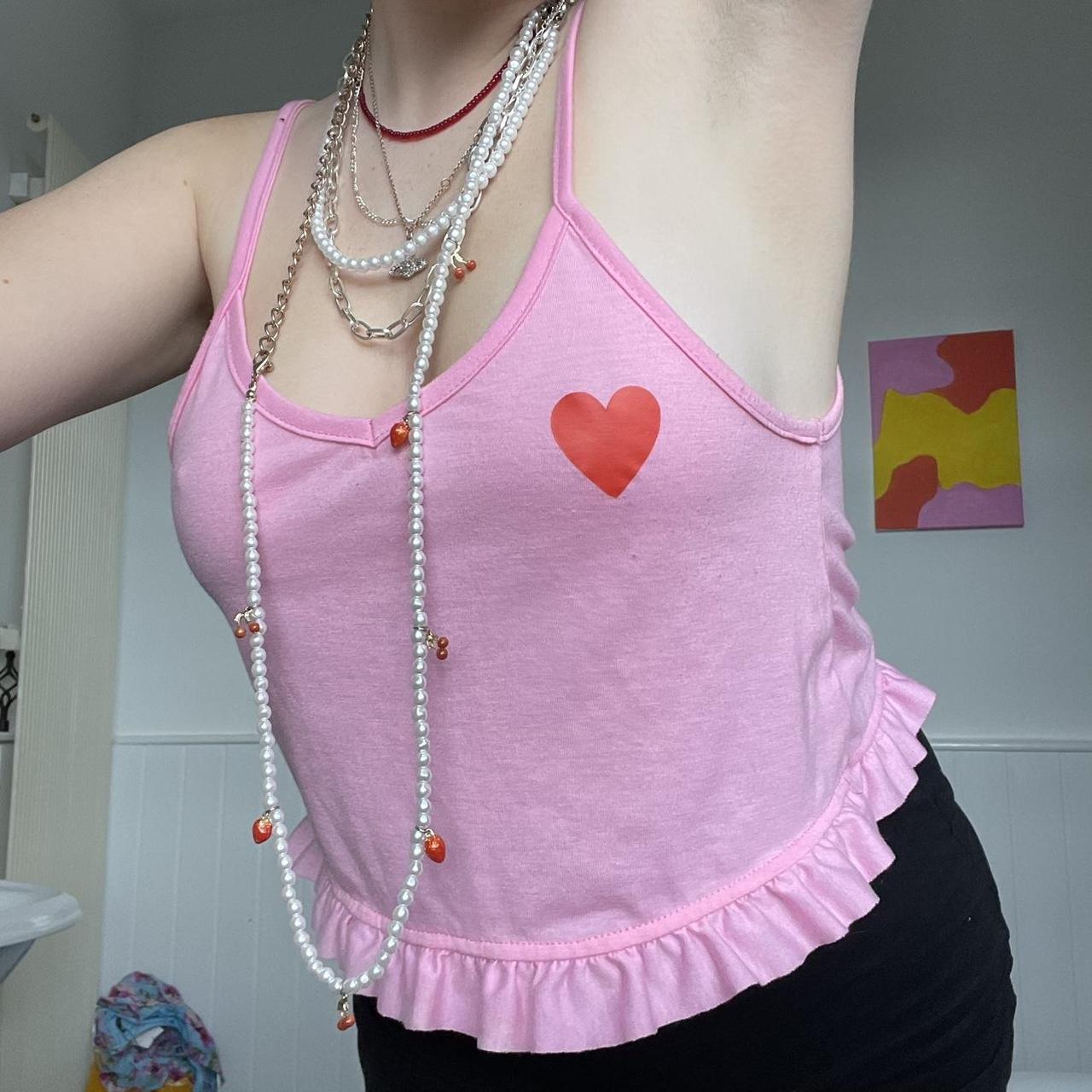 pink frilly vest top with red heart - Depop