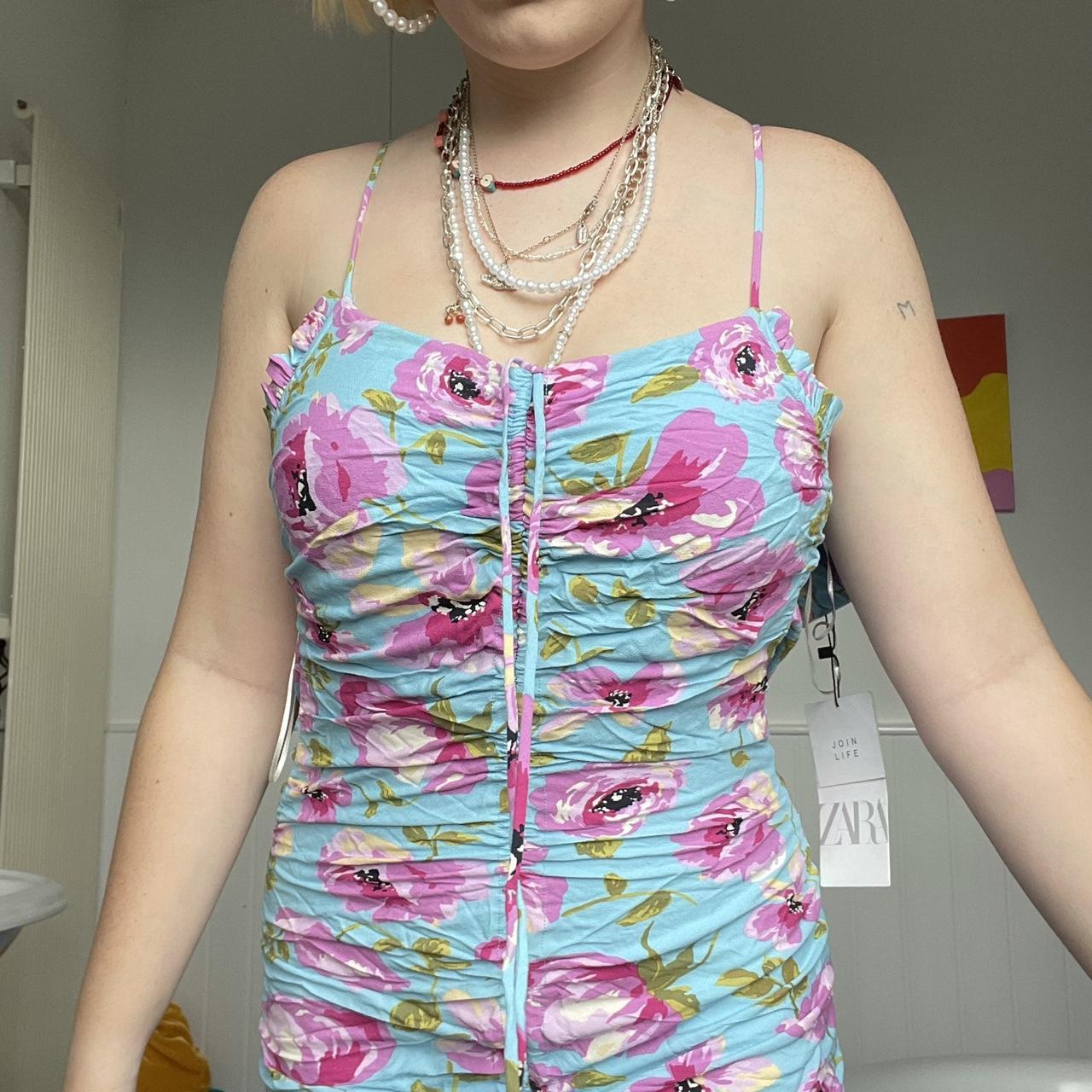 blue & pink flowery mini dress, ruched front - Depop