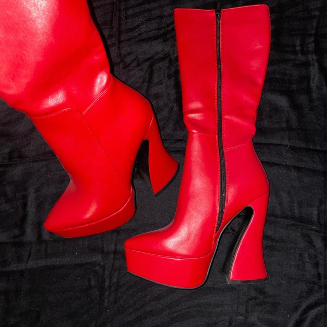 Red Platform Heeled Boots Lamoda red heeled boots,... - Depop