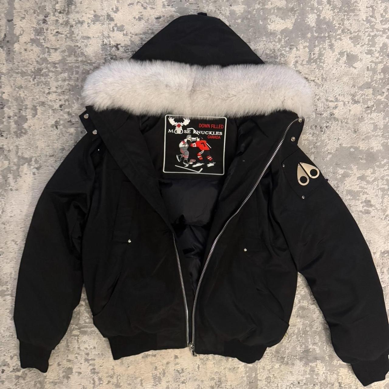 Black moose knuckles bomber jacket with white fur... | Depop