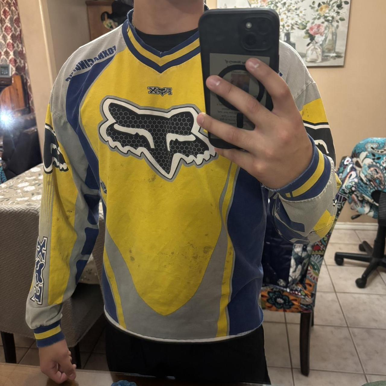 Distressed Fox Racing vintage jersey - blue and... | Depop